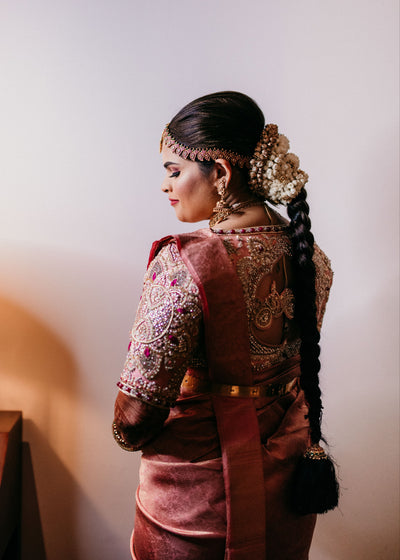 Vidyu Raman in a palanquin concept blouse designed by Archana Karthick